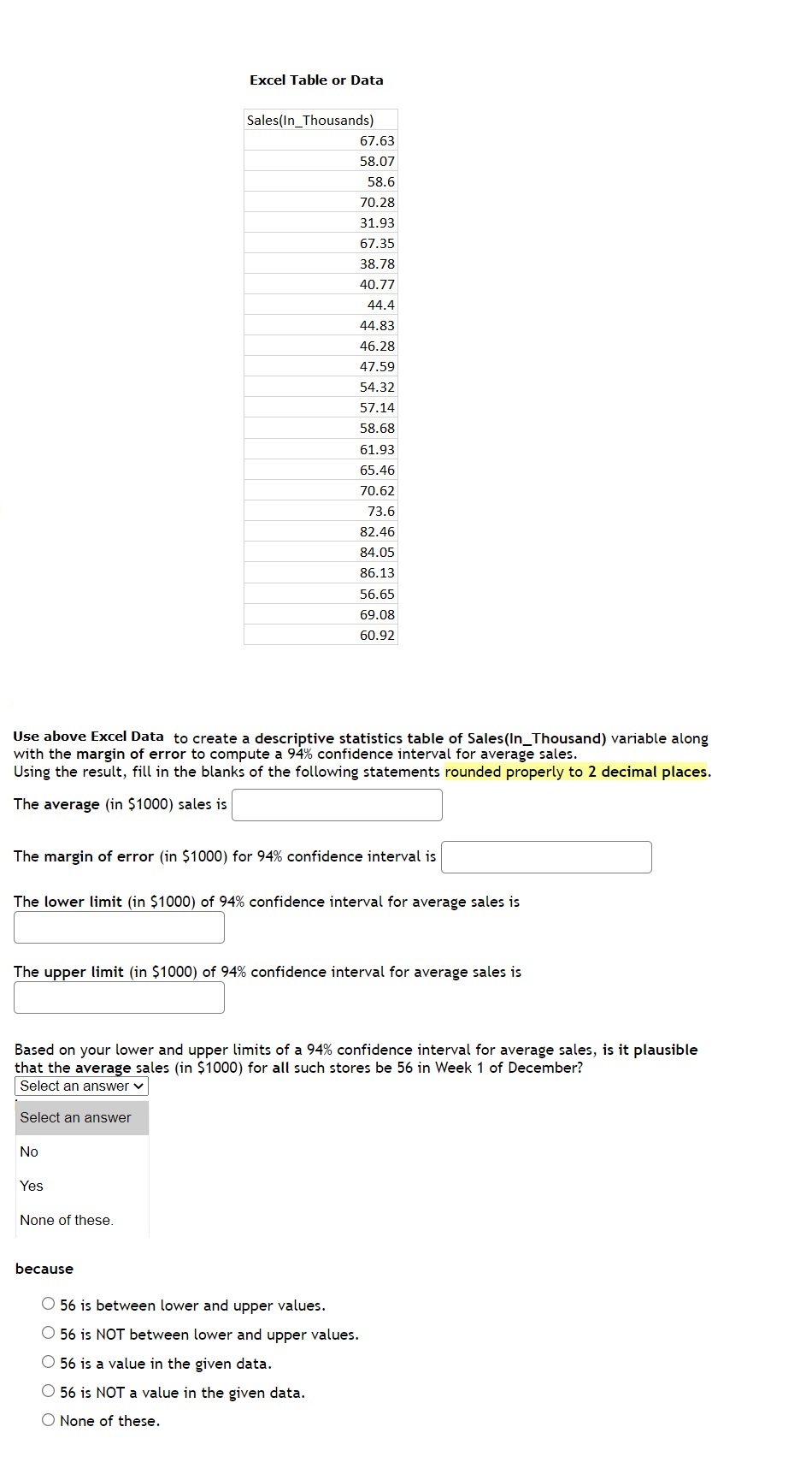 Solved Use above Excel Data to create a descriptive | Chegg.com