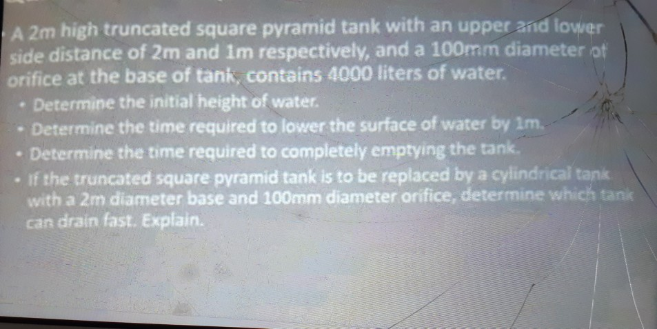 Solved A 2m high truncated square pyramid tank with an upper | Chegg.com