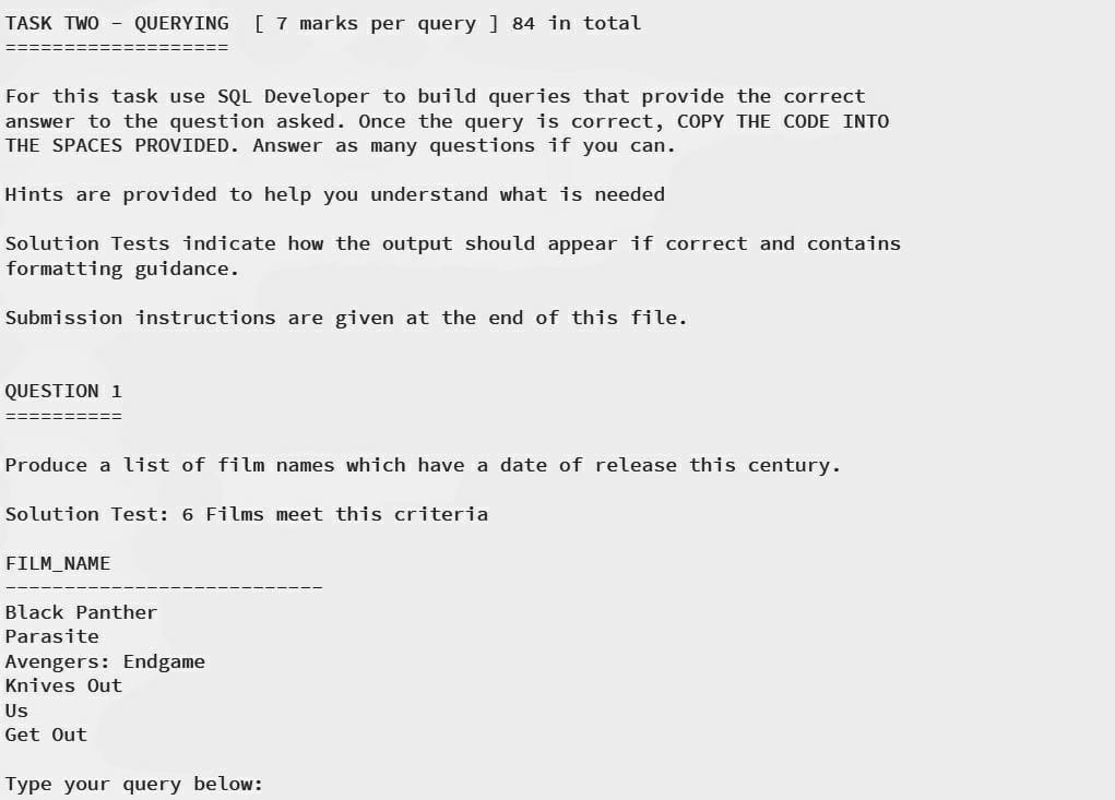 Solved TASK TWO - QUERYING [ 7 marks per query ] 84 in total | Chegg.com
