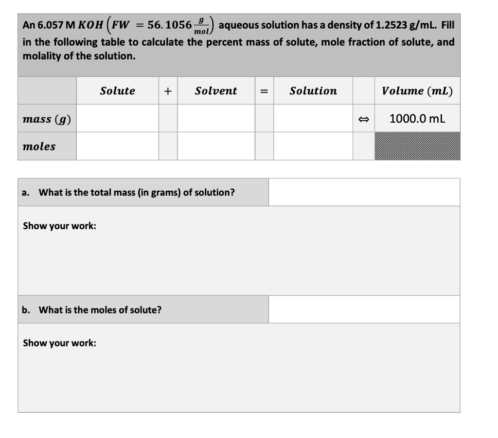 Solved An 6.057MKOH(FW=56.1056molg) aqueous solution has a | Chegg.com