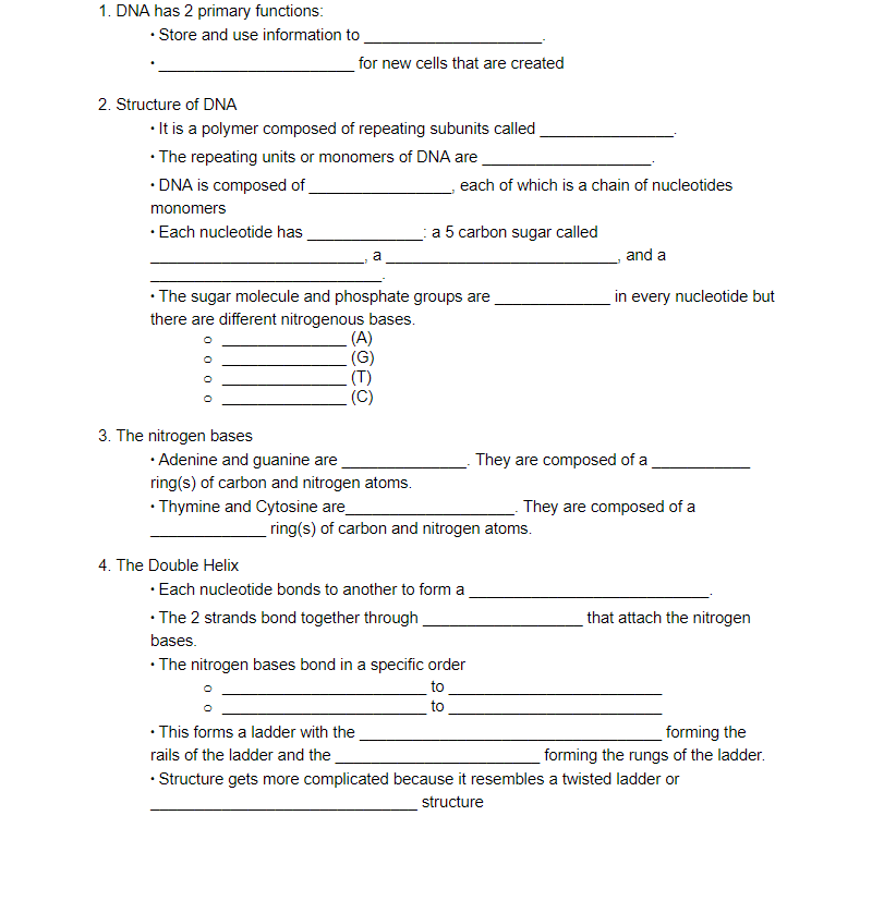 Solved 1. DNA has 2 primary functions: Store and use | Chegg.com
