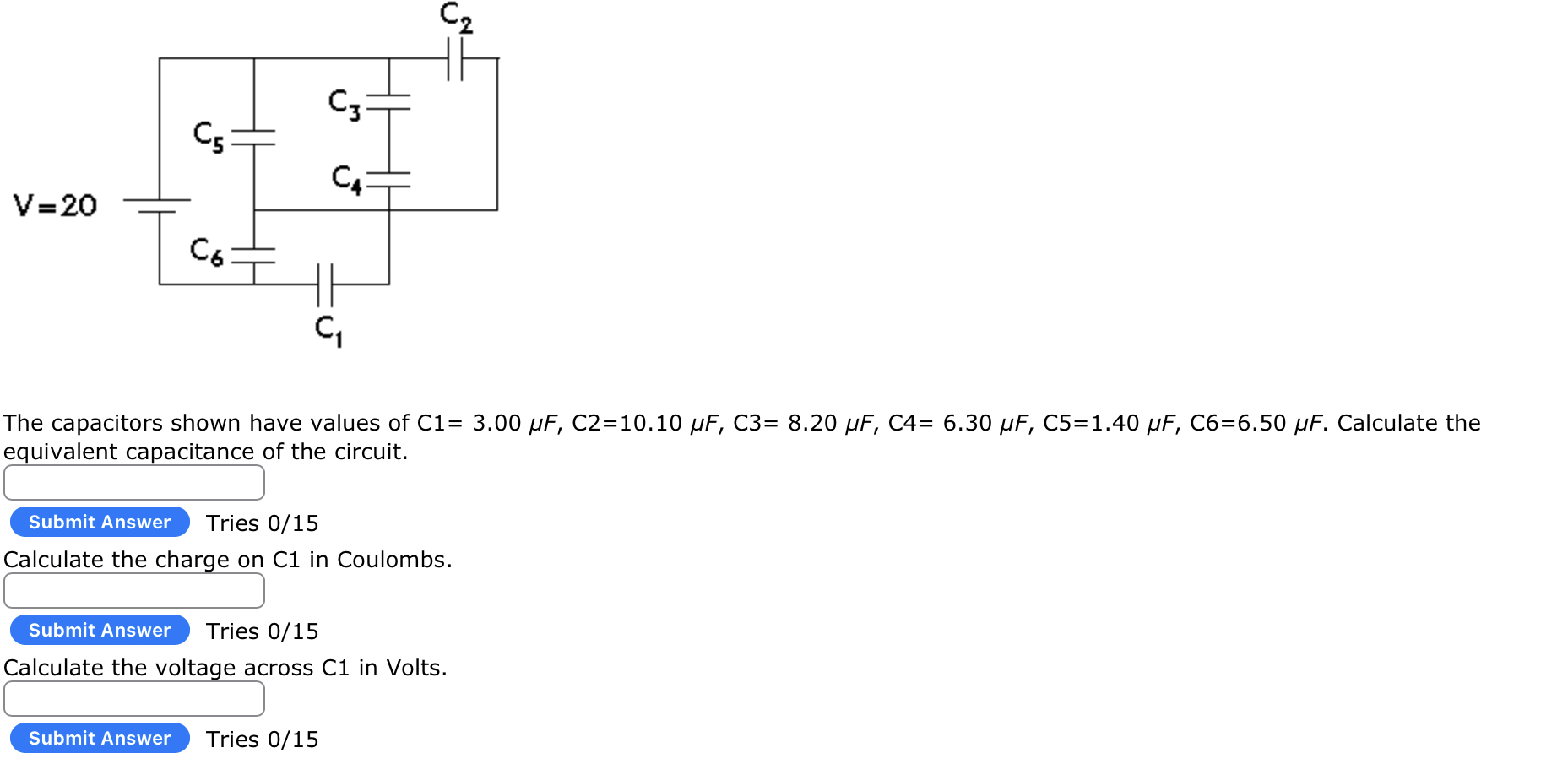 Solved The capacitors shown have values of C1=3.00 | Chegg.com