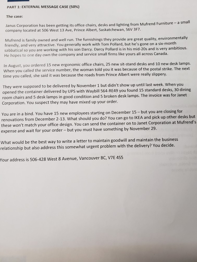 Solved PART 1: EXTERNAL MESSAGE CASE (50%) The case: Janus | Chegg.com