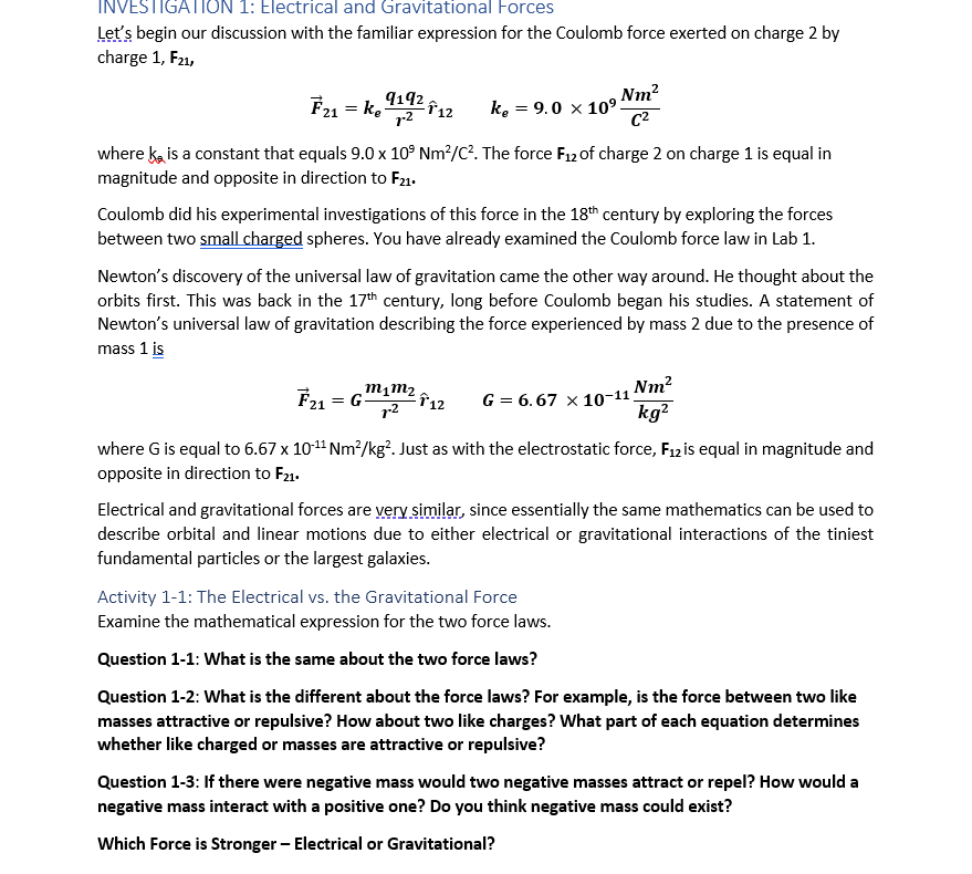 Solved INVESTIGATION 1: Electrical and Gravitational Forces | Chegg.com