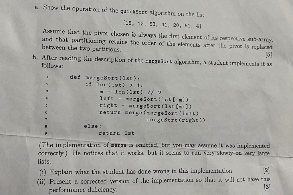 Solved A Druw Tne Operation Of The Quicksort Algorithm On 