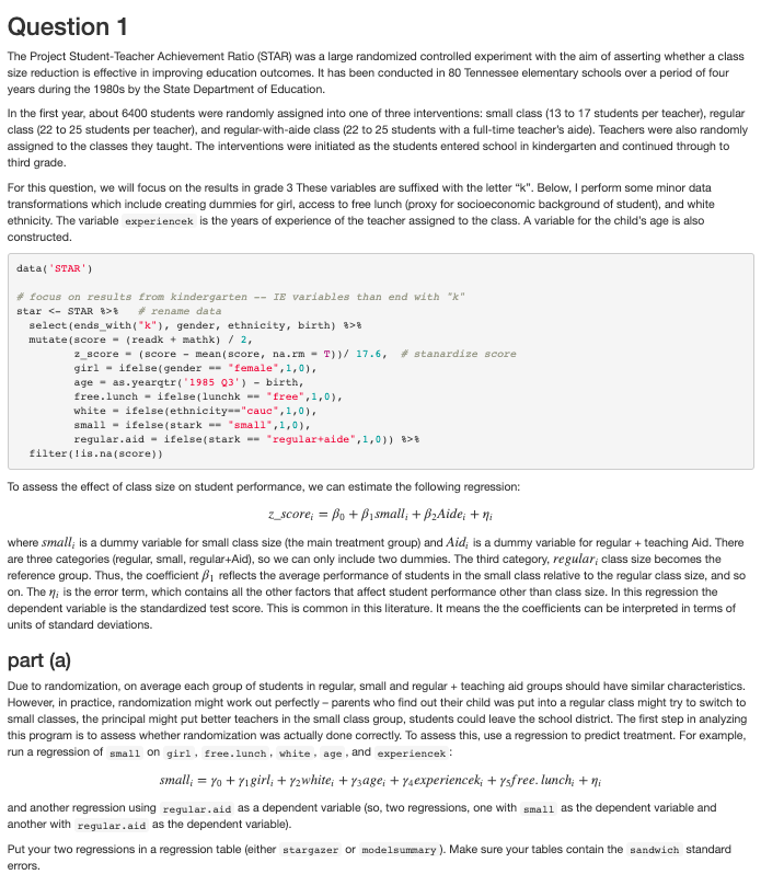 Question 1 The Project Student-Teacher Achievement | Chegg.com