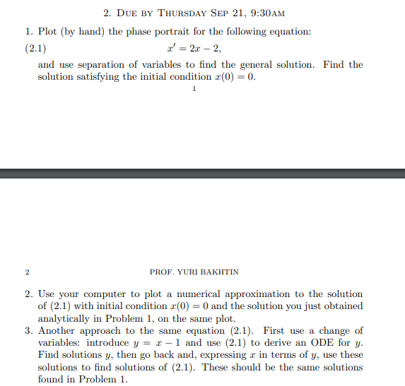 Solved 1. Plot (by hand) the phase portrait for the | Chegg.com