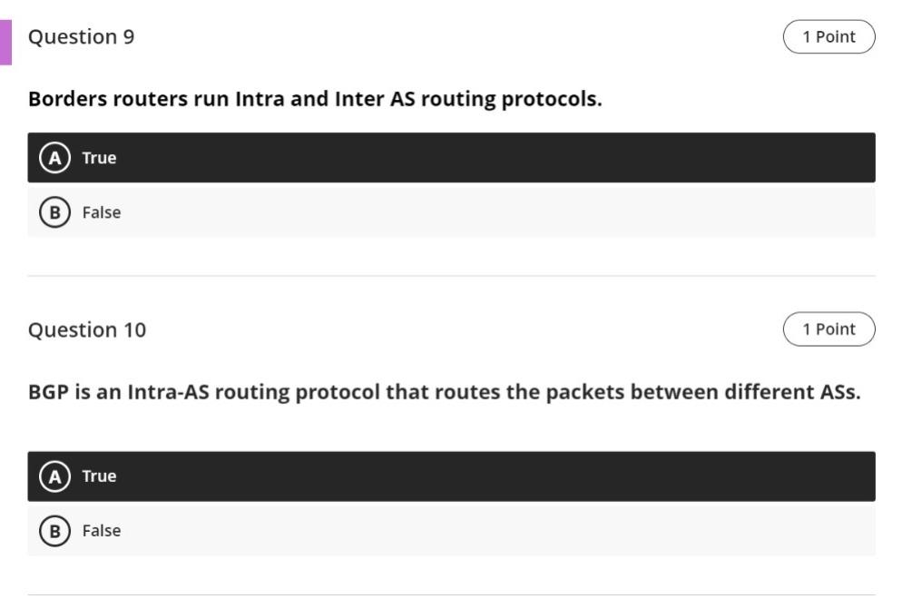 Solved Question 9 1 Point Borders routers run Intra and | Chegg.com