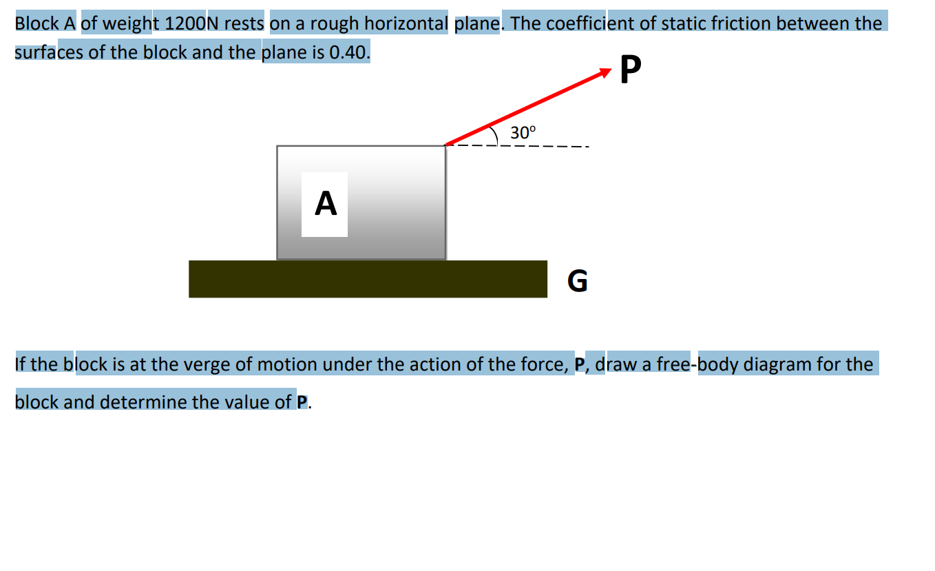 Solved Block A of weight 1200N rests on a rough horizontal | Chegg.com