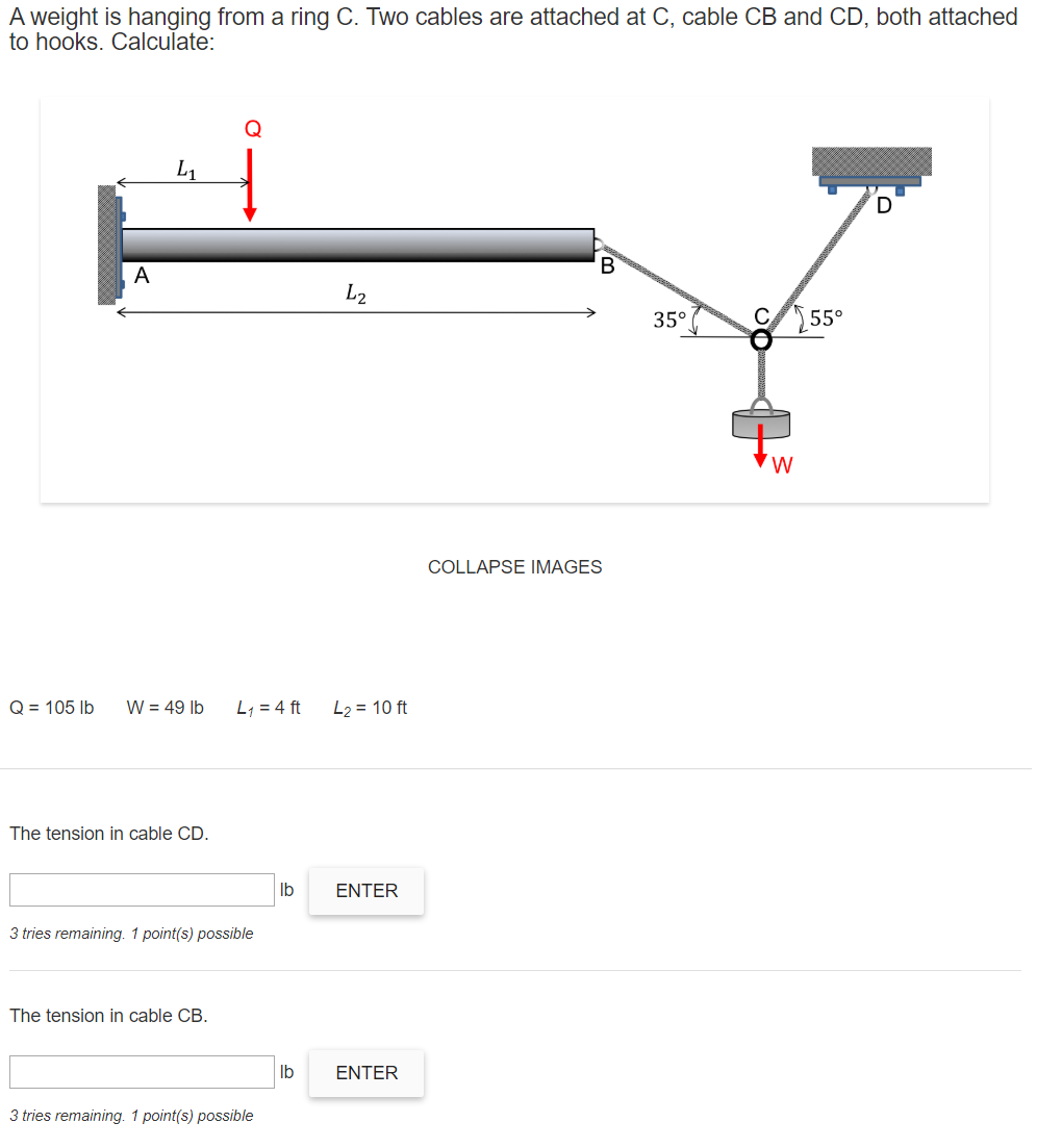 Solved A weight is hanging from a ring C. Two cables are | Chegg.com