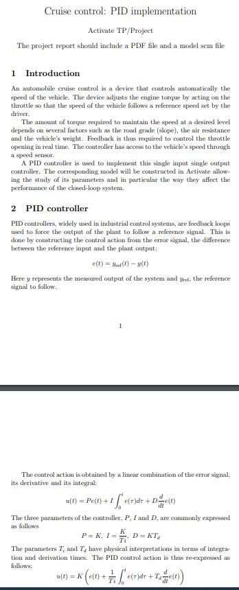 Cruise control: PID implementation Activate | Chegg.com