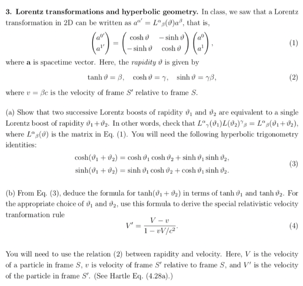 Solved 3. Lorentz transformations and hyperbolic geometry. | Chegg.com