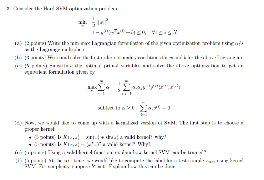 3. Consider the Hard SVM optimization problem: 1 min | Chegg.com