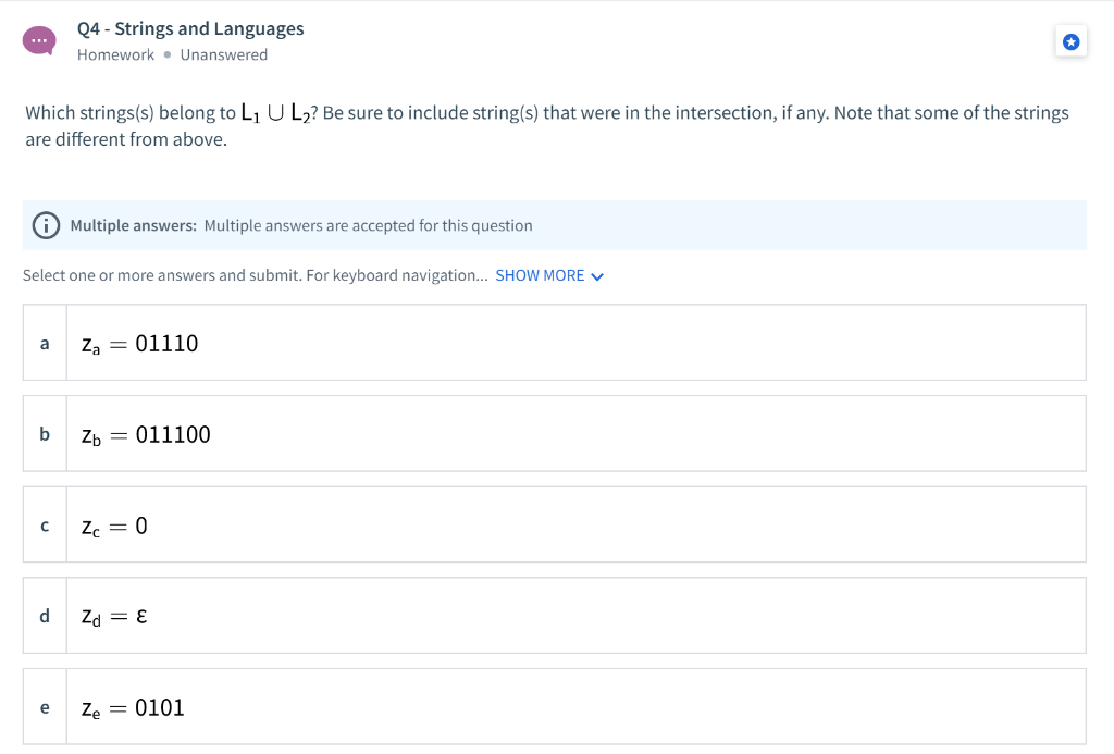 Solved Q4 - Strings and Languages Homework. Unanswered Which | Chegg.com