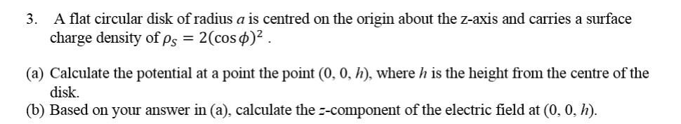 Solved A flat circular disk of radius a is centred on the | Chegg.com