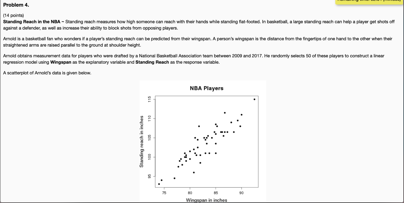 Solved Problem 4. (14 points) Standing Reach in the NBA - | Chegg.com