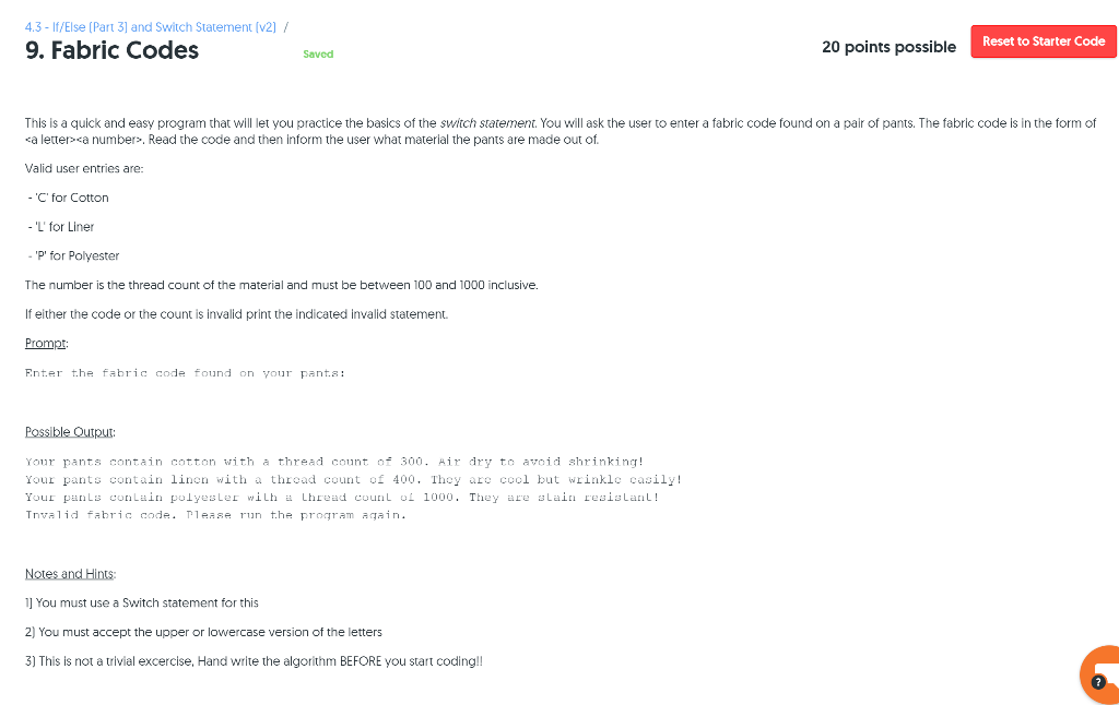 Solved 4.3 - If/Else (Part 3) and Switch Statement (V2) / 9. | Chegg.com