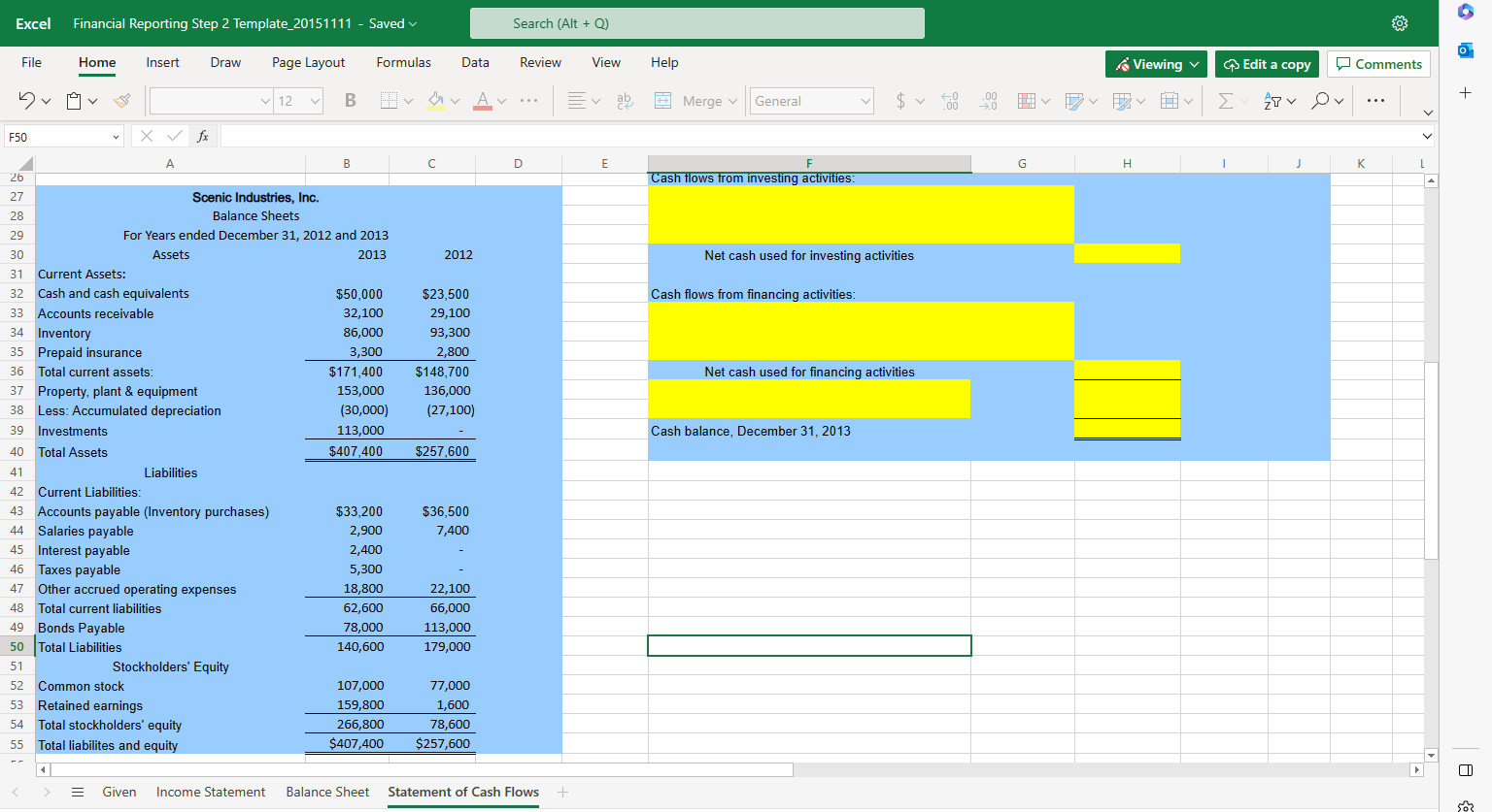 Solved Excel Financial Reporting Step 2 Template_20151111 - | Chegg.com