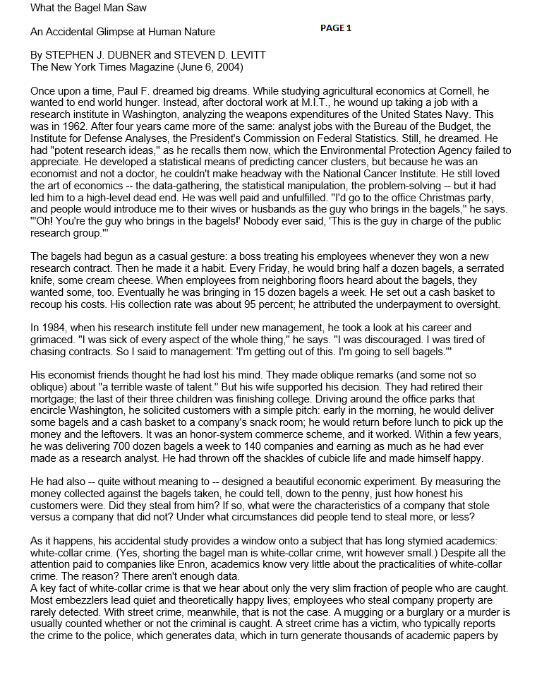 QUESTION 1 Read The article "The Bagel Man" to | Chegg.com