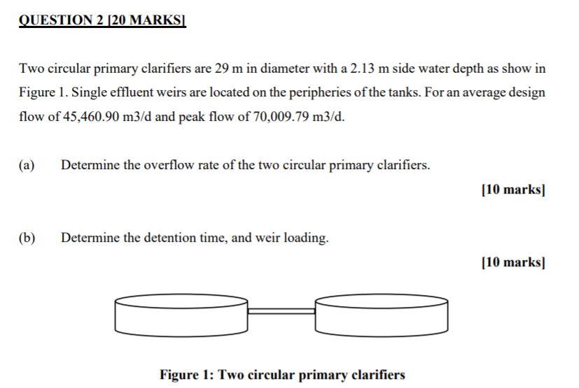 Solved QUESTION 2 20 MARKS Two circular primary clarifiers | Chegg.com