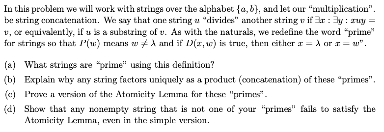 Solved In this problem we will work with strings over the | Chegg.com