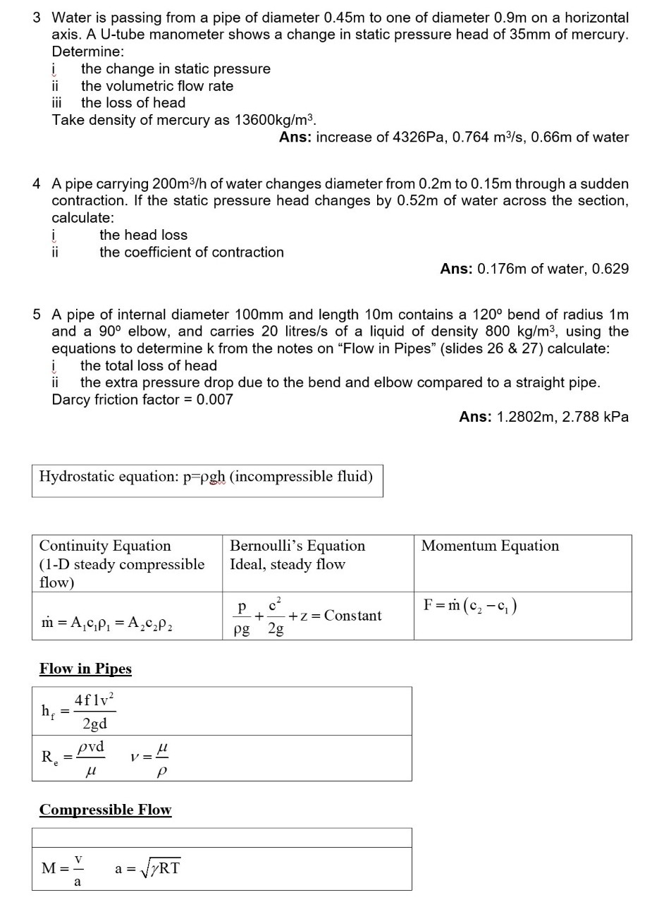 Solved 3 Water is passing from a pipe of diameter 0.45m to | Chegg.com