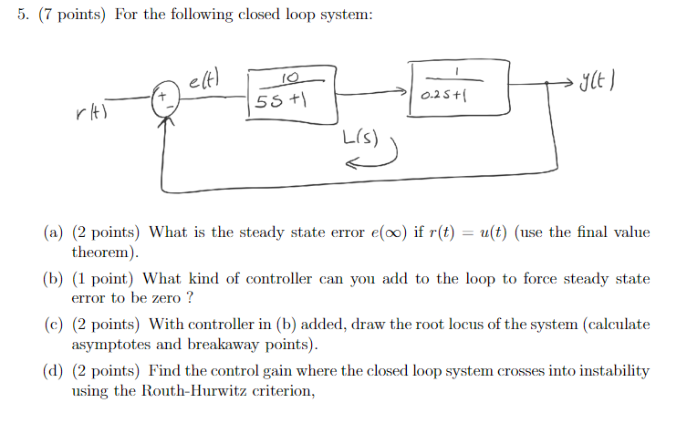 Solved 5. (7 points) For the following closed loop system: | Chegg.com