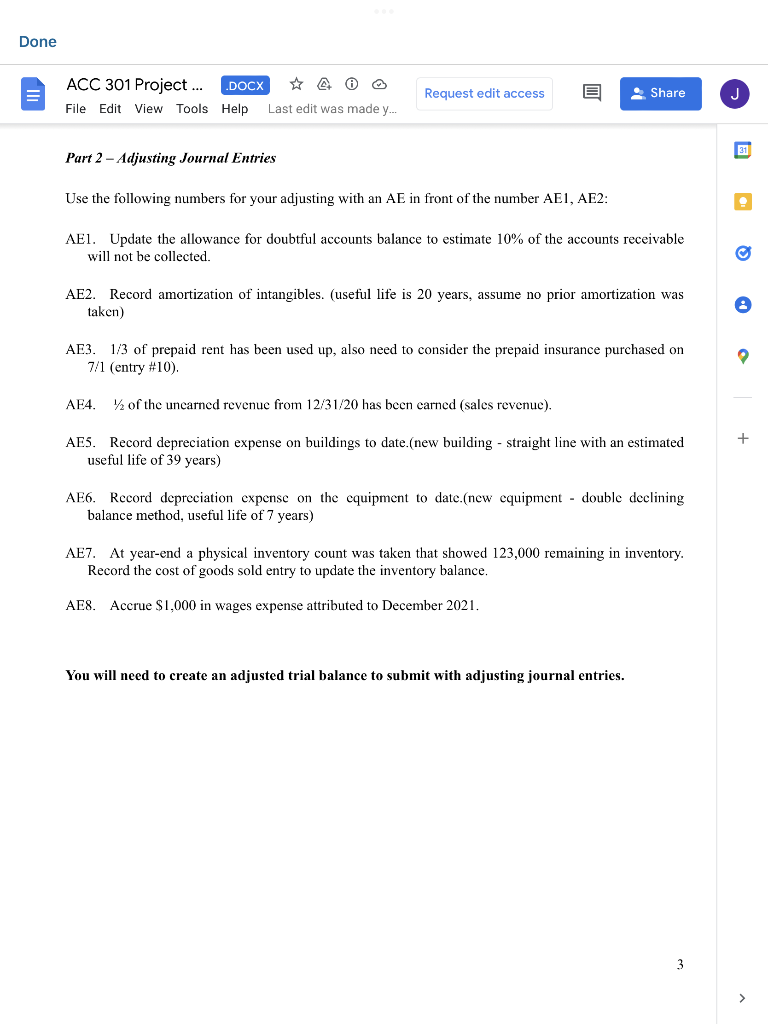 Done 目 ES ACC 301 Project Unadjusted TB XLSX * 4 File | Chegg.com
