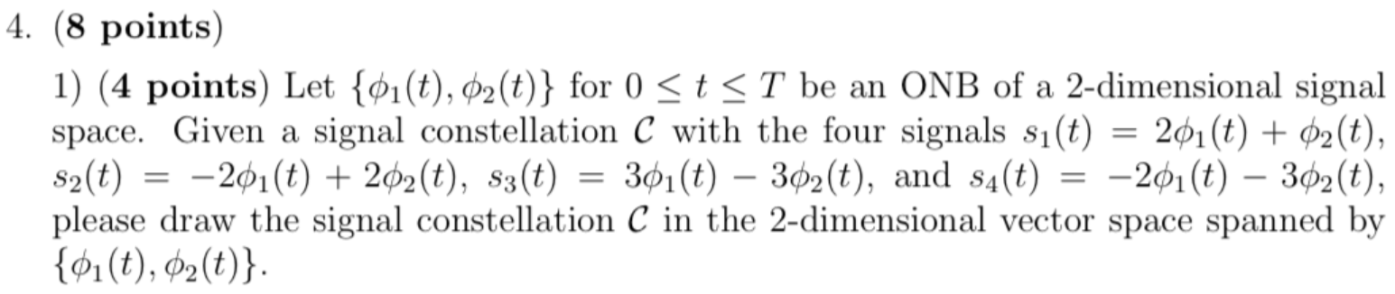 1) (4 points) Let {ϕ1(t),ϕ2(t)} for 0≤t≤T be an ONB | Chegg.com