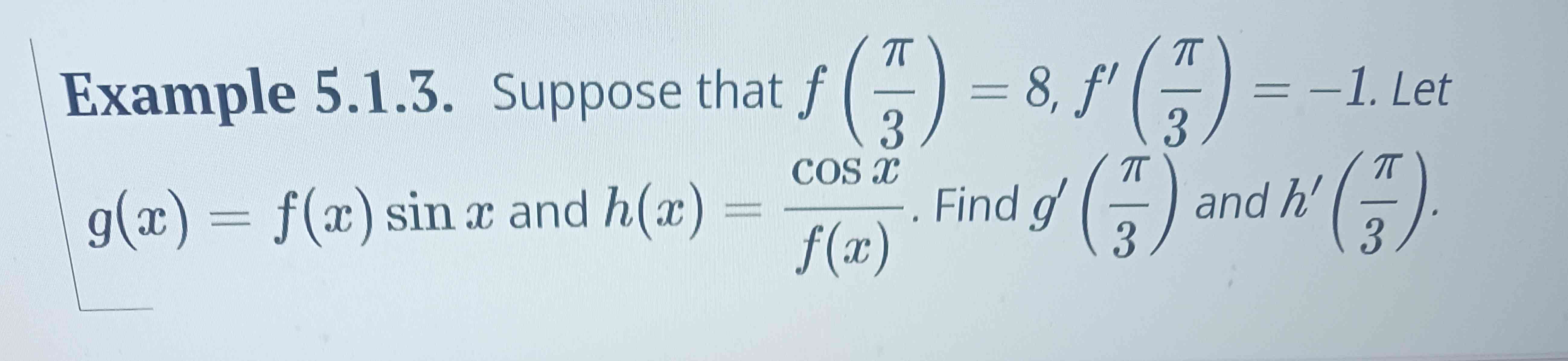 Solved Example 5.1.3. ﻿Suppose that f(π3)=8,f'(π3)=-1. | Chegg.com