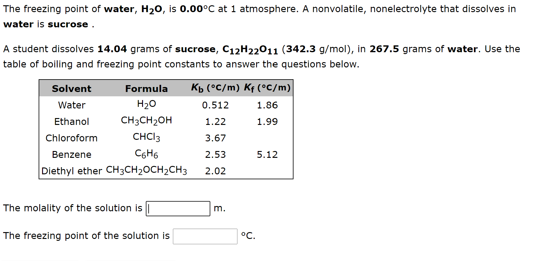 Solved The freezing point of water, H2O, is 0.00°C at 1 | Chegg.com