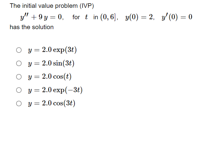 Solved The initial value problem (IVP) y′′+9y=0, for t in | Chegg.com