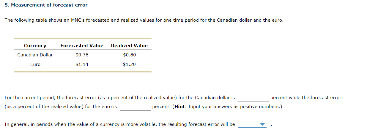 5 Measurement Of Forecast Error The Following Table