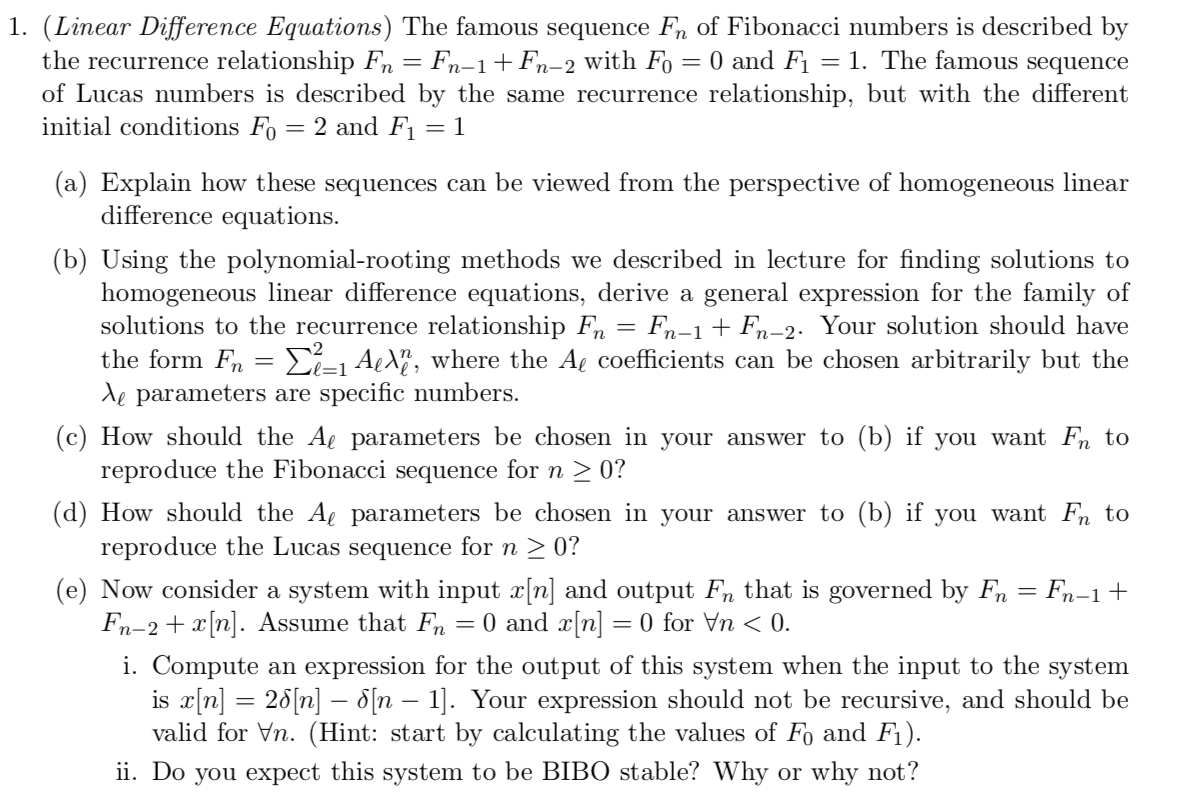 1. (Linear Difference Equations) The famous sequence | Chegg.com