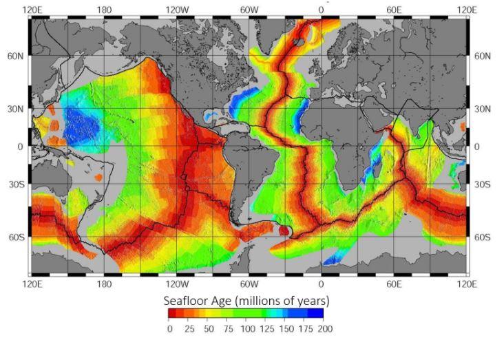 Solved 1. Seafloor Age The colored area in the map above | Chegg.com