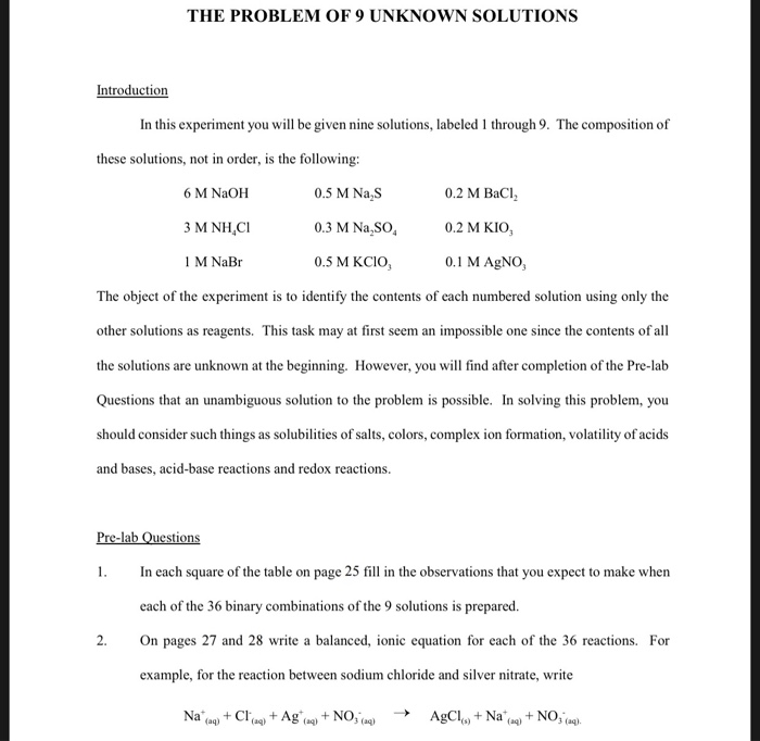 THE PROBLEM OF 9 UNKNOWN SOLUTIONS In this experiment | Chegg.com