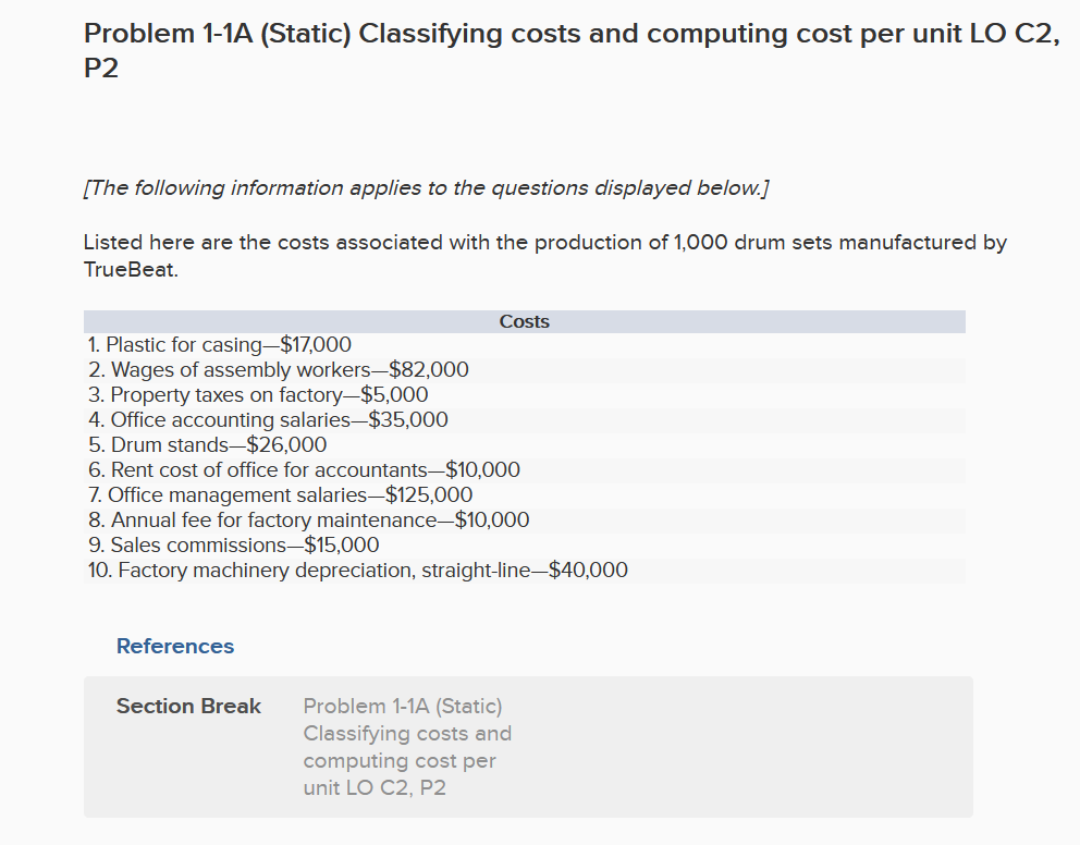 Solved Problem 1-1A (Static) Classifying costs and computing | Chegg.com
