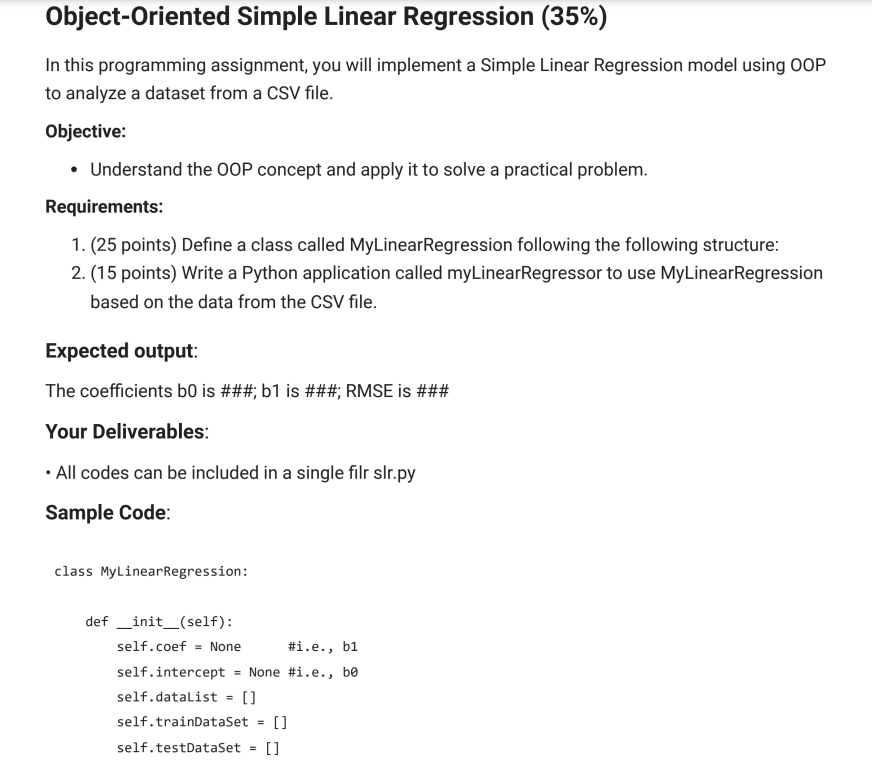 Solved Object-Oriented Simple Linear Regression (35%) In | Chegg.com