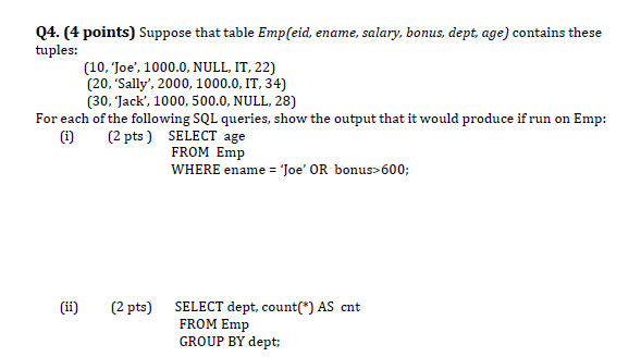 Solved Q4. (4 points) Suppose that table Emp(eid, ename, | Chegg.com