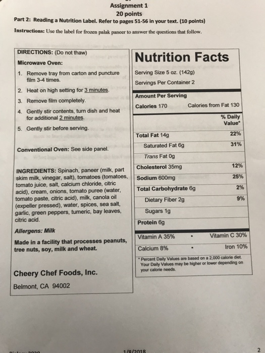 Solved Assignment 1 20 points Part 2: Reading a Nutrition | Chegg.com