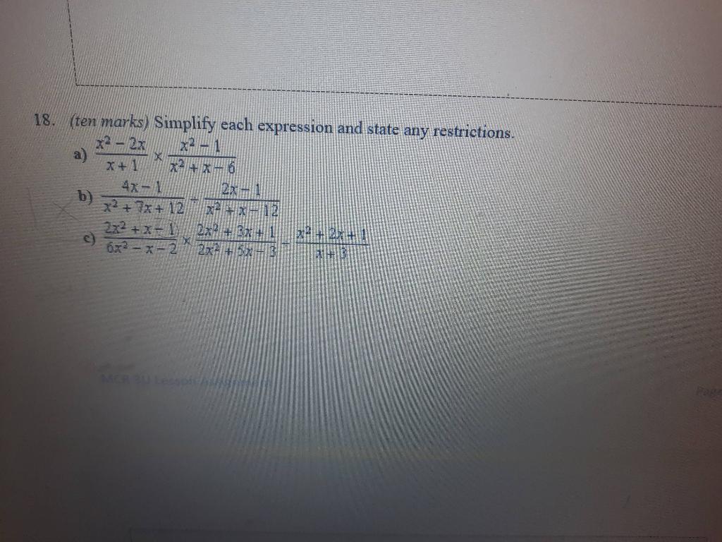 Solved 18. (ten marks) Simplify each expression and state | Chegg.com