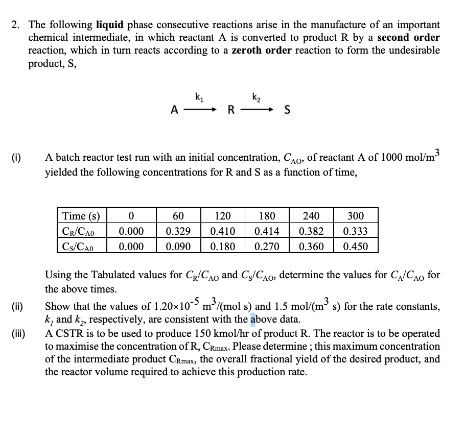 Solved 2. The following liquid phase consecutive reactions | Chegg.com