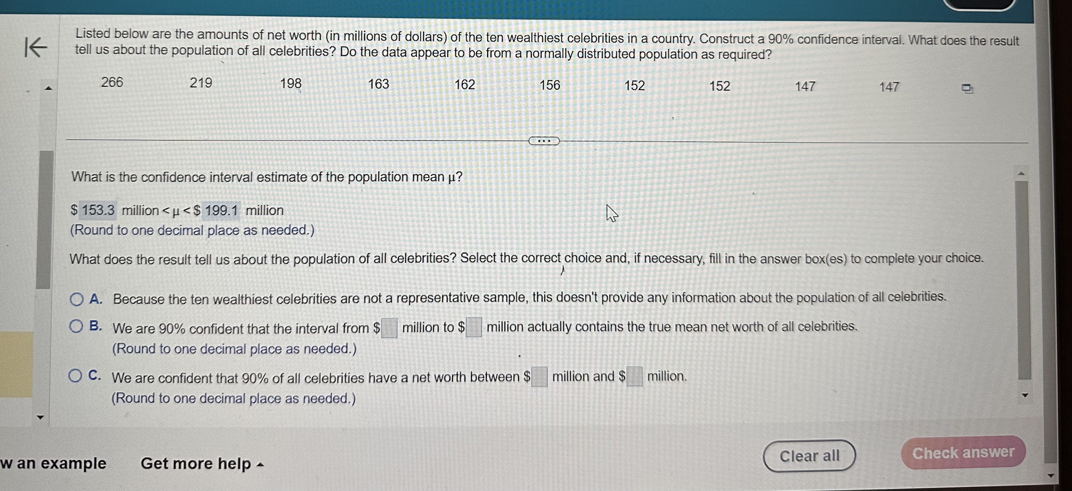 Solved Listed below are the amounts of net worth (in | Chegg.com