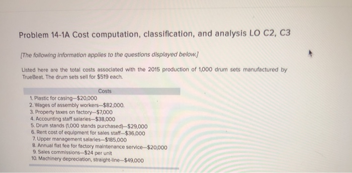 Solved Problem 14-1A Cost computation, classification, and | Chegg.com