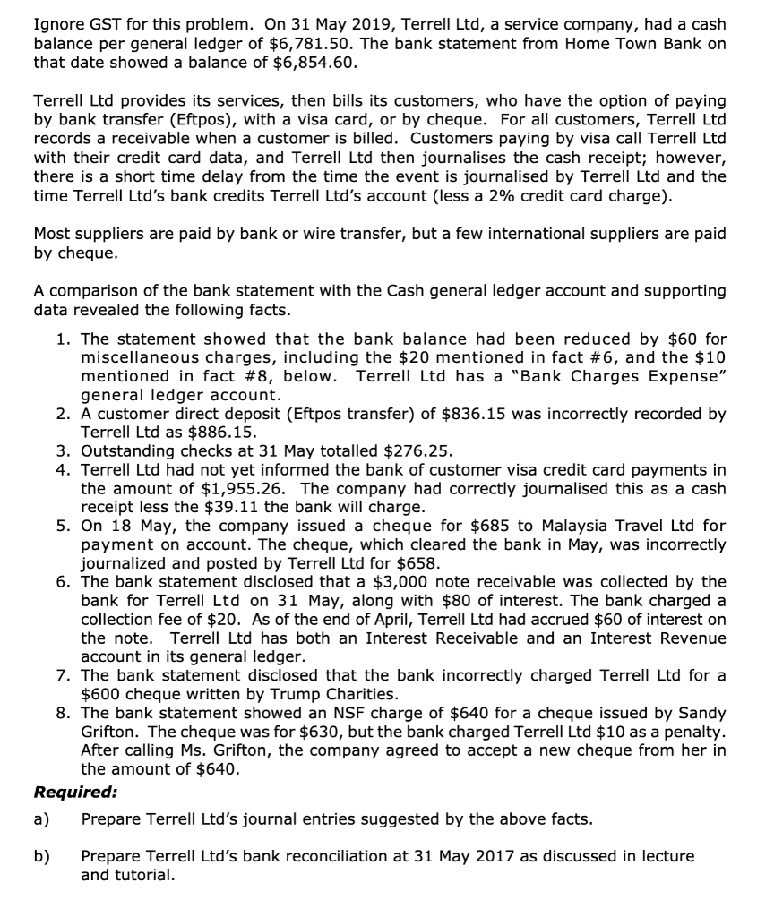 Solved Ignore GST for this problem. On 31 May 2019, Terrell | Chegg.com