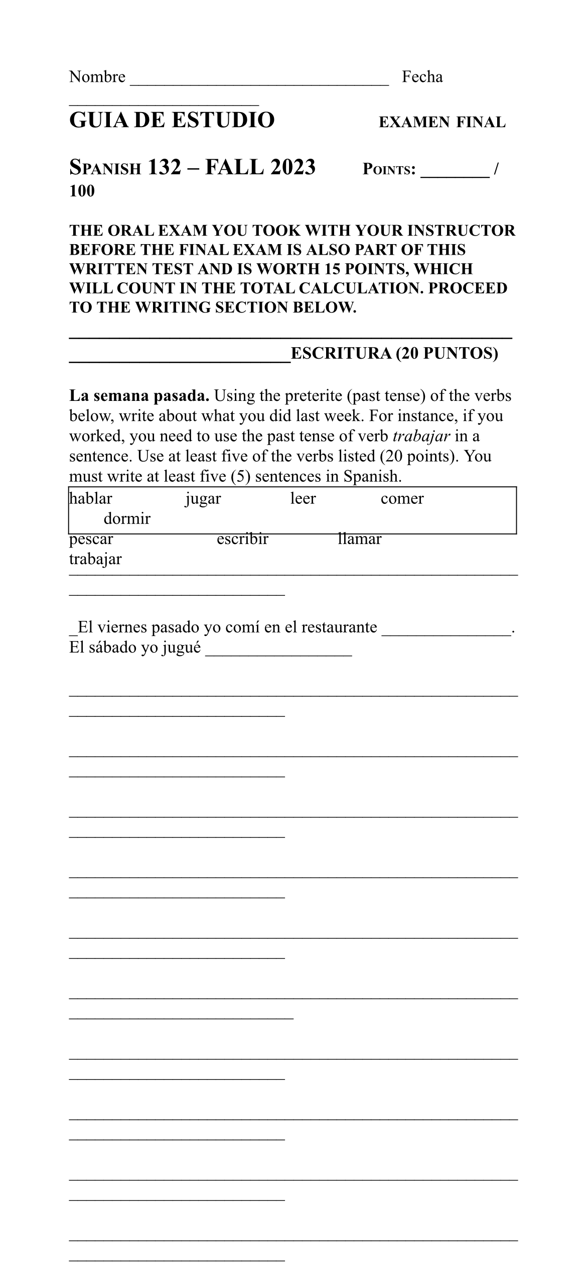 THE ORAL EXAM YOU TOOK WITH YOUR INSTRUCTORBEFORE THE | Chegg.com