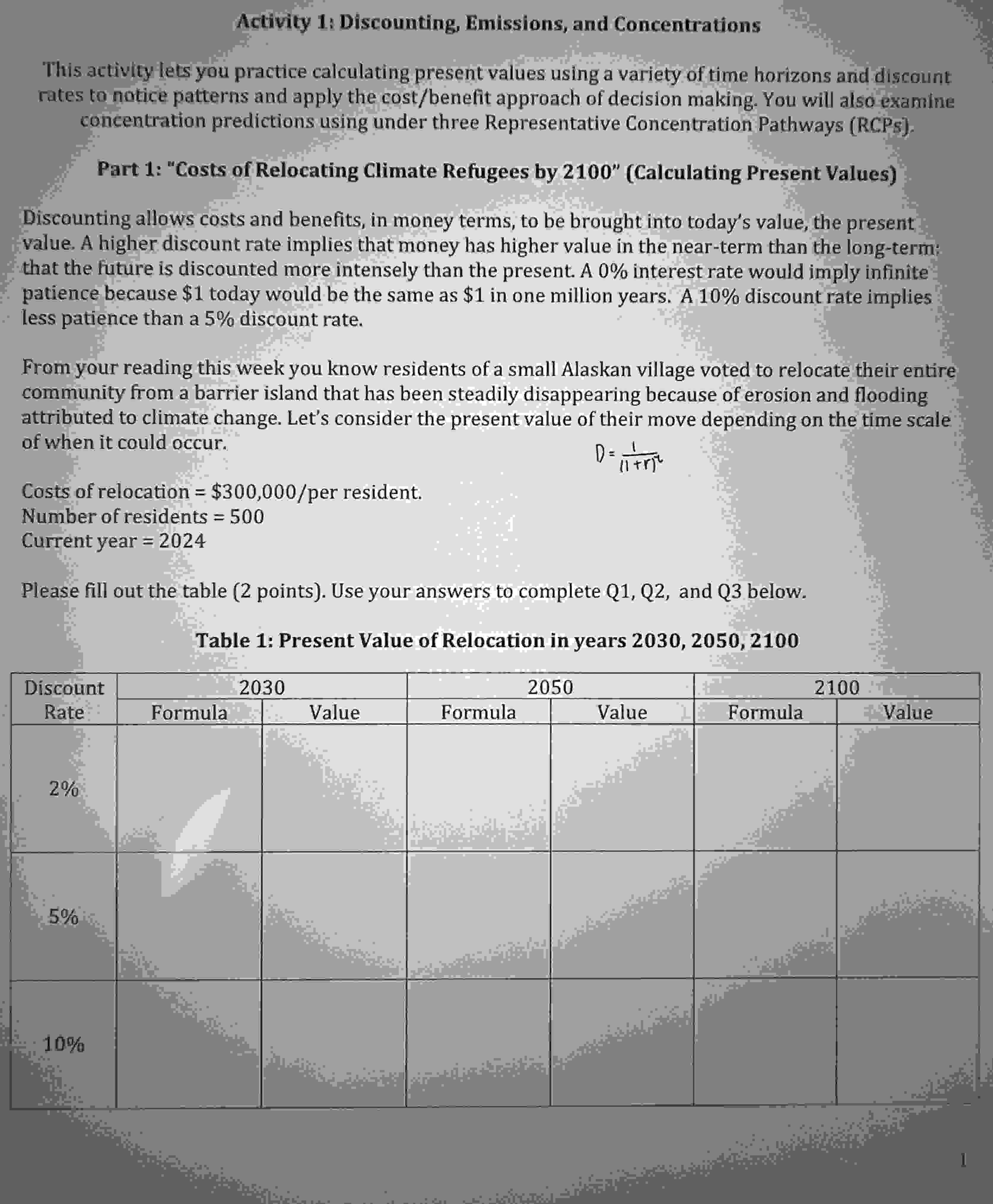 Solved Activity 1: Discounting, Emissions, and | Chegg.com