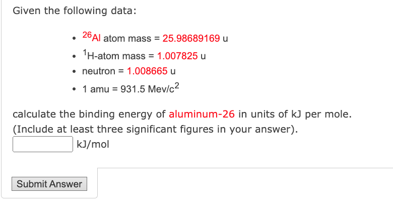 Solved Given the following data: - \\( { }^{26} \\mathrm{Al} | Chegg.com