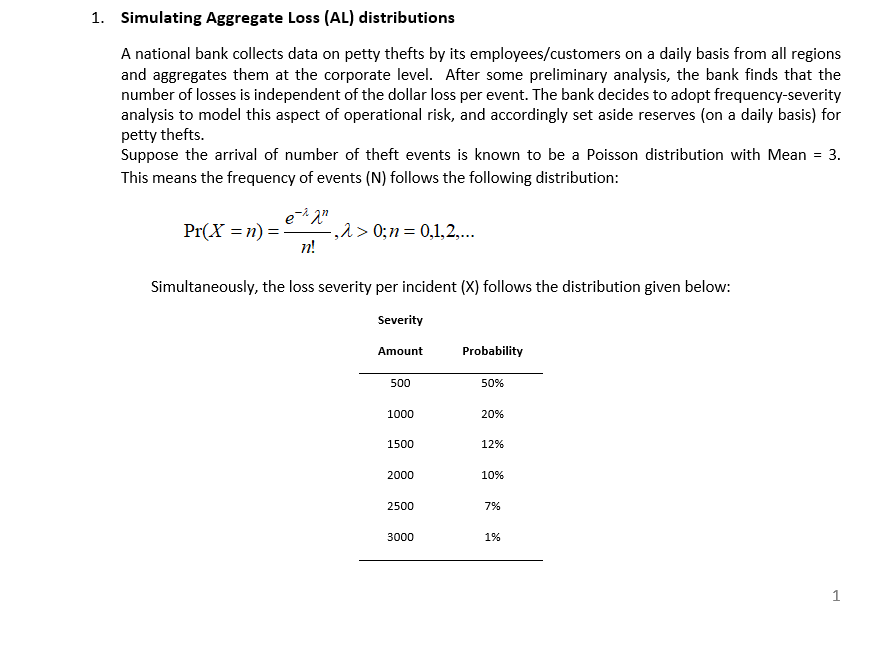 1. Simulating Aggregate Loss (AL) distributions A | Chegg.com