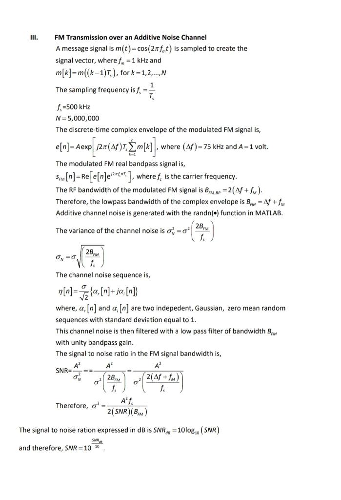 III. FM Transmission over an Additive Noise Channel A | Chegg.com